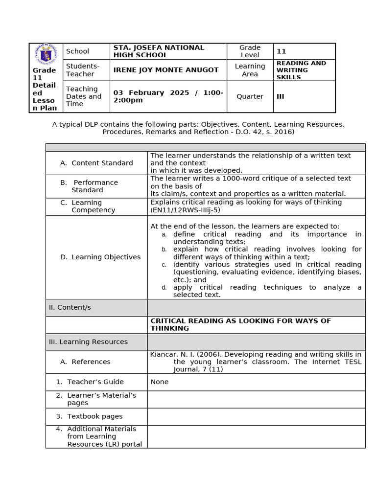 Lesson Plan Critical Reading | PDF | Popular Culture & Media Studies ...