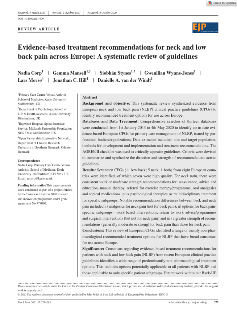 European Journal of Pain - 2020 - Corp - Evidence Based Treatment ...