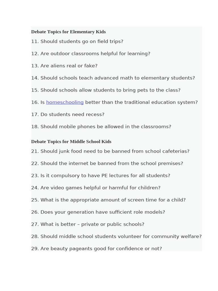 Debate Topics For Elementary Kids | PDF