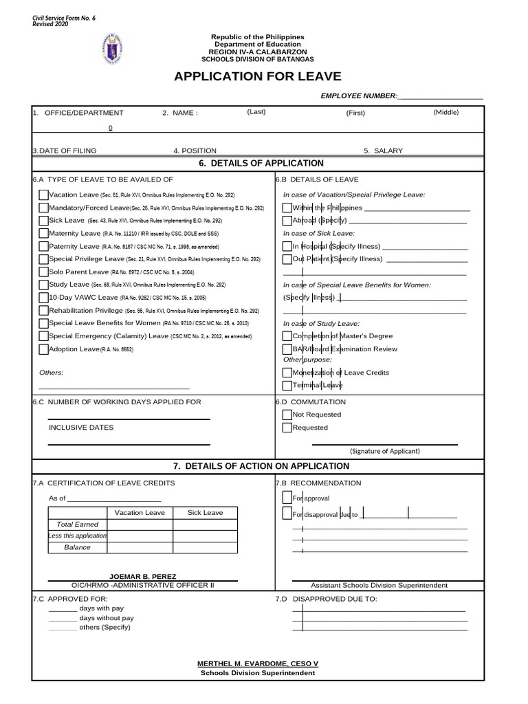 CS Form No. 6 Revised 2020 Application For Leave Fillable | PDF | Sick ...
