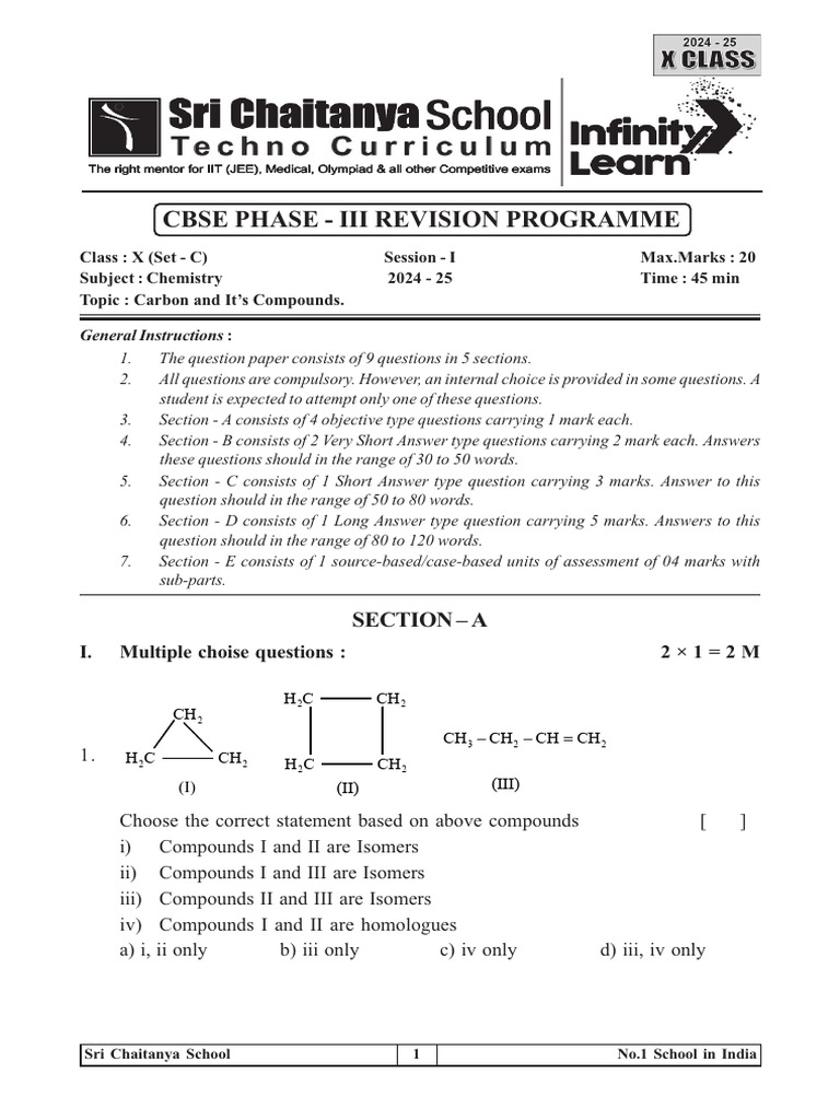 CBSE X Chemistry Phase - III (Session - I) Set - C | PDF | Alkene | Alkane