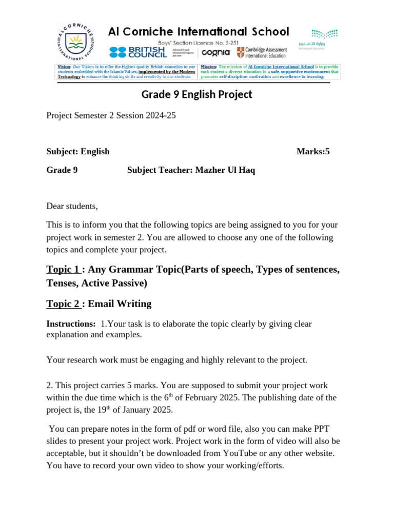 Grade 9 English Project Semester 2 | PDF