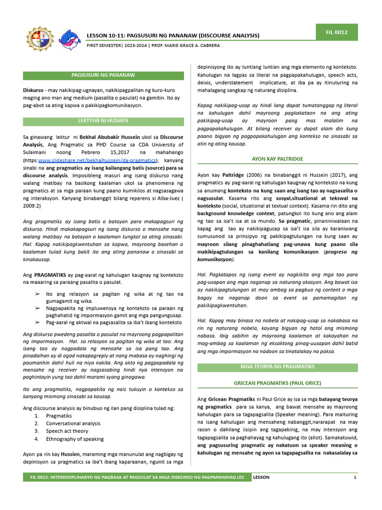 (FIL 0012 Lec) Reviewer 10-11 | PDF