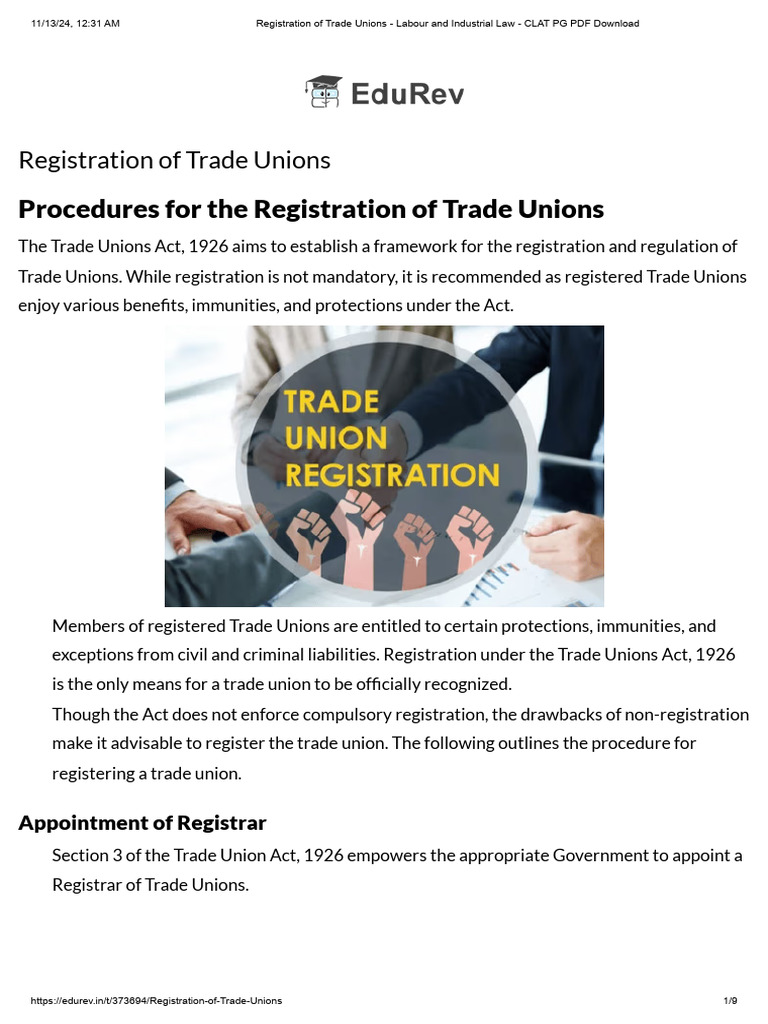 Registration of Trade Unions | PDF | Trade Union | Sovereign Immunity