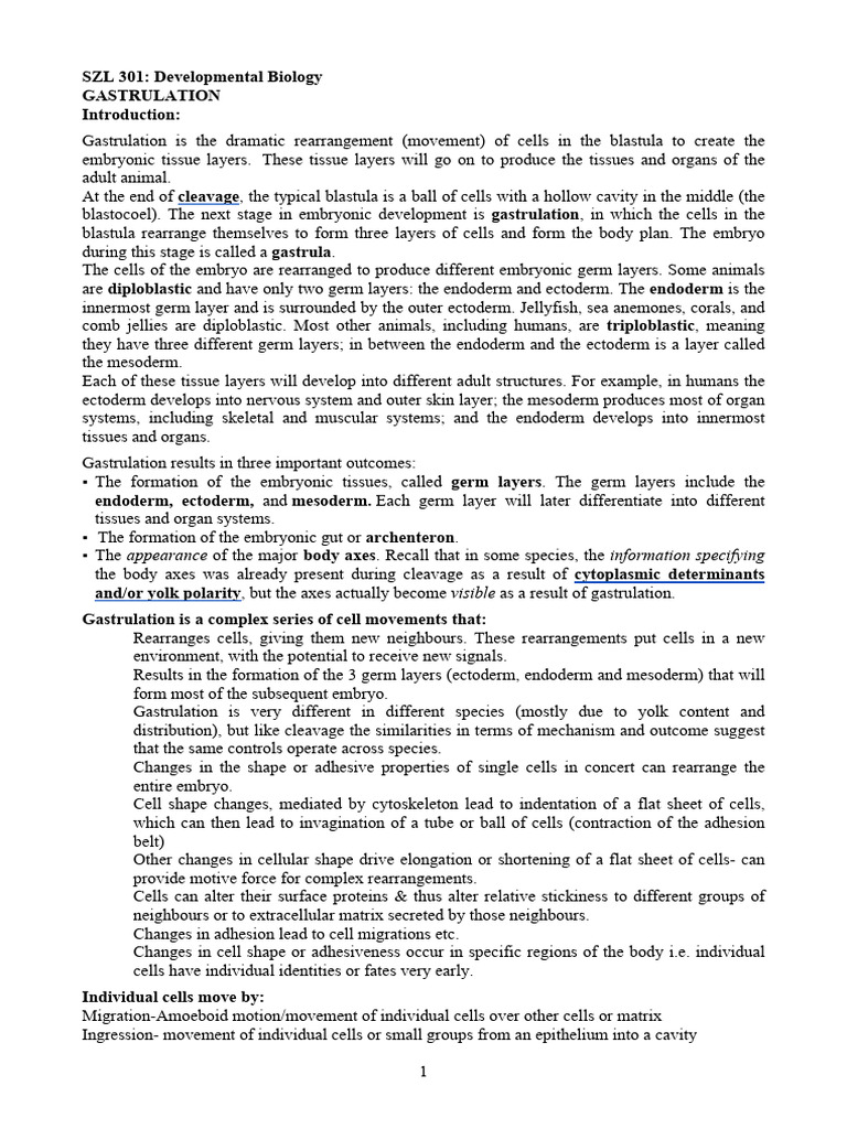 SZL 301. Topic Six Gastrulation-2 | PDF | Embryo | Reproduction