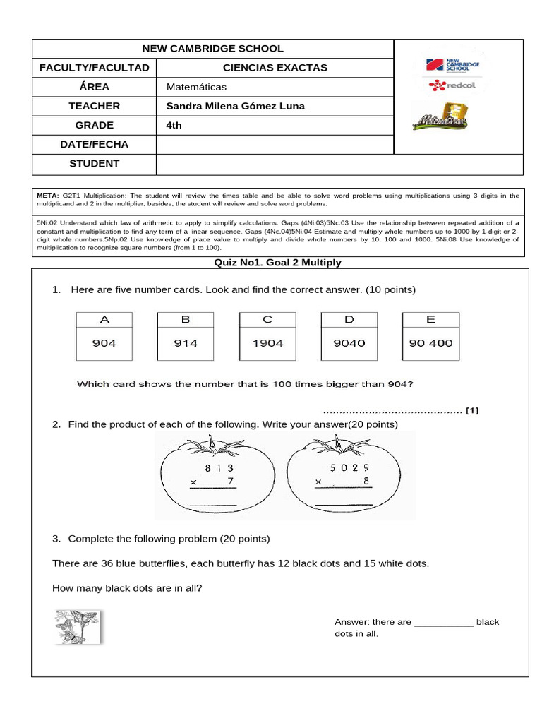 Quiz 2. Goal 2 Multiply by 2 Digits | PDF | Multiplication | Arithmetic