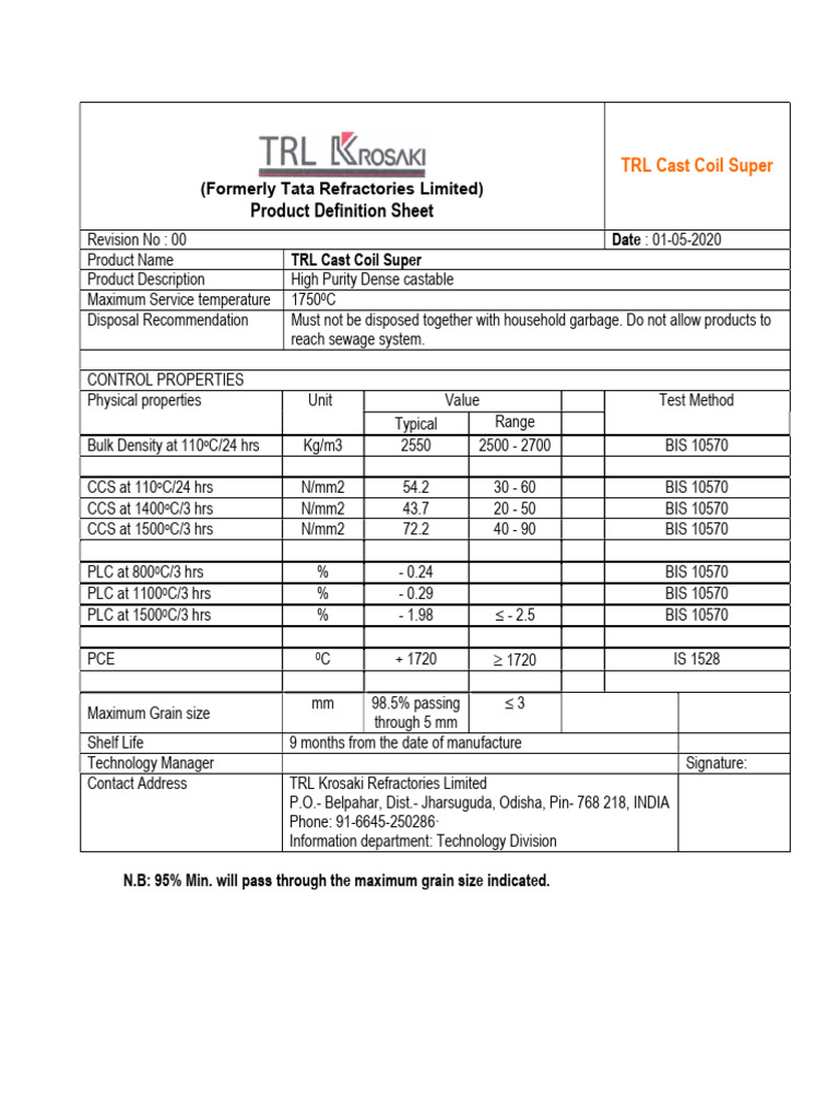 TRL Cast Coil Super: High Purity Castable | PDF