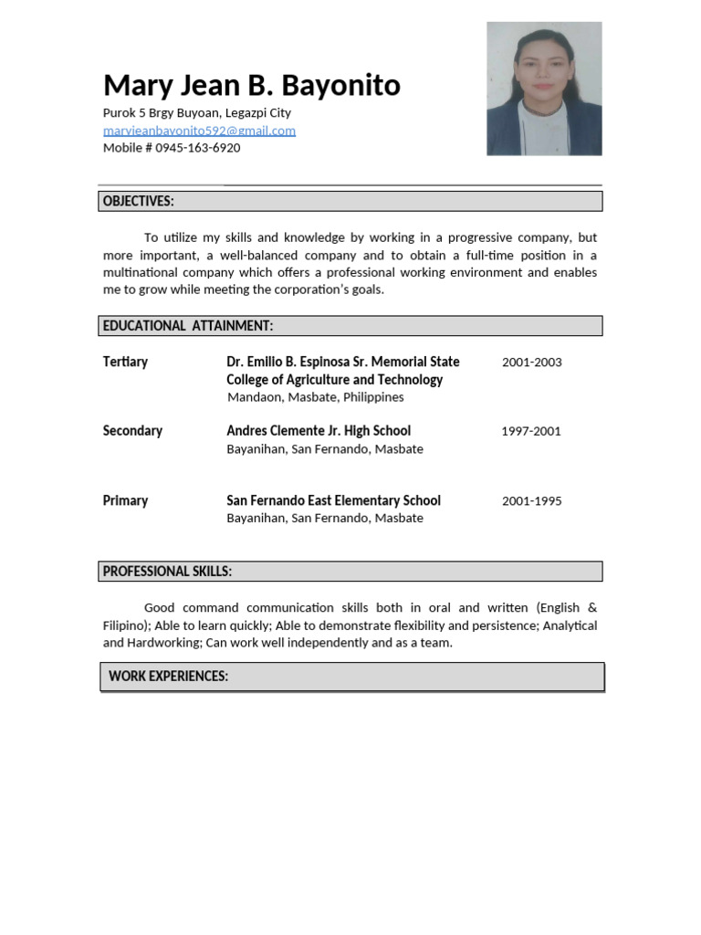 Mary Jean Bayonito - CV (1) | PDF