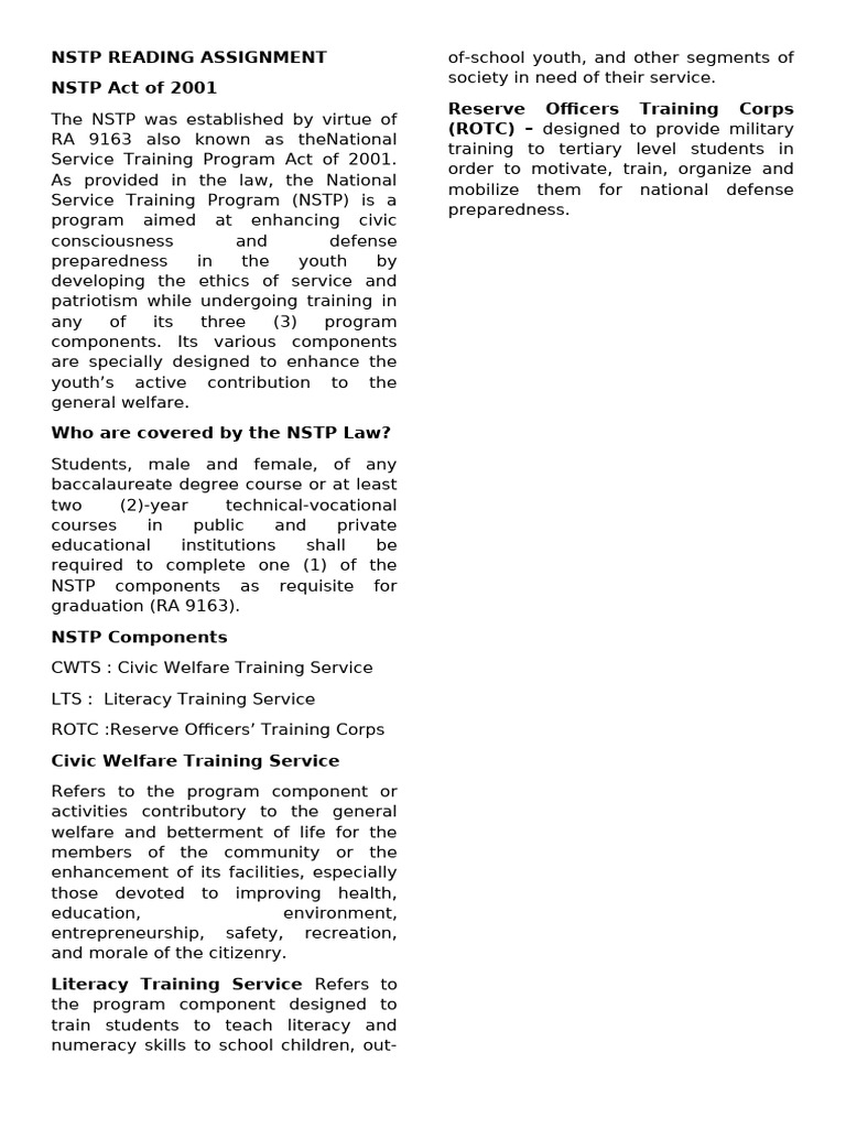 NSTP Reading Assignment | PDF | Citizenship | Flag