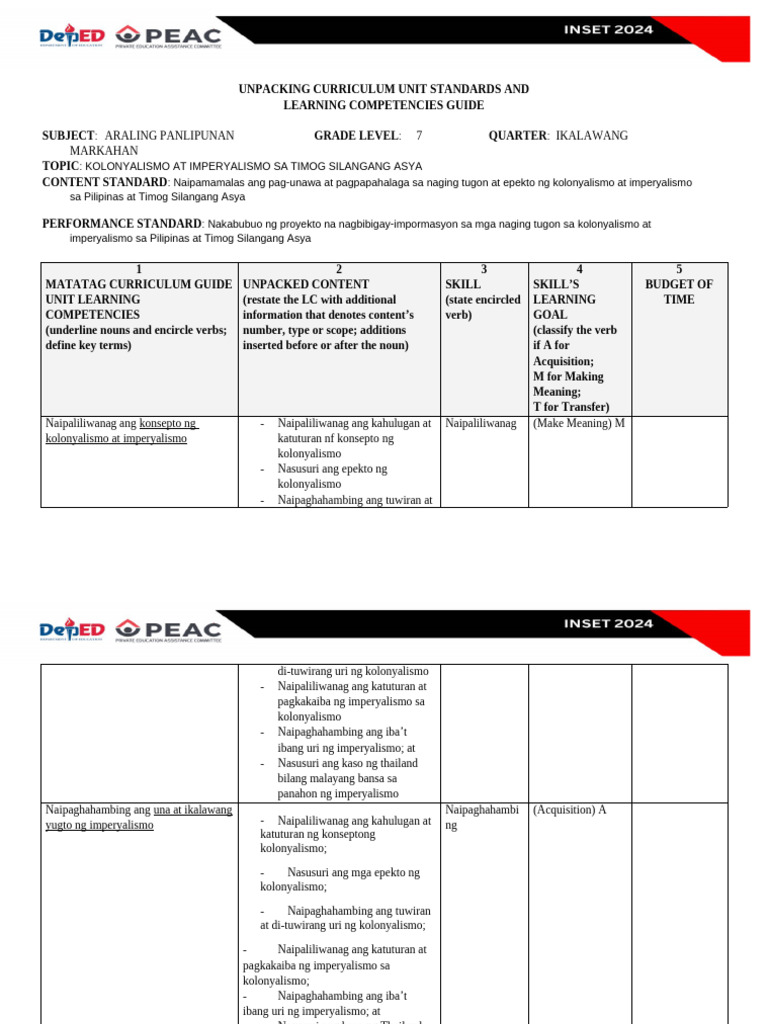 HO7-Unpacking Curriculum Standards and Learning Competencies Template | PDF