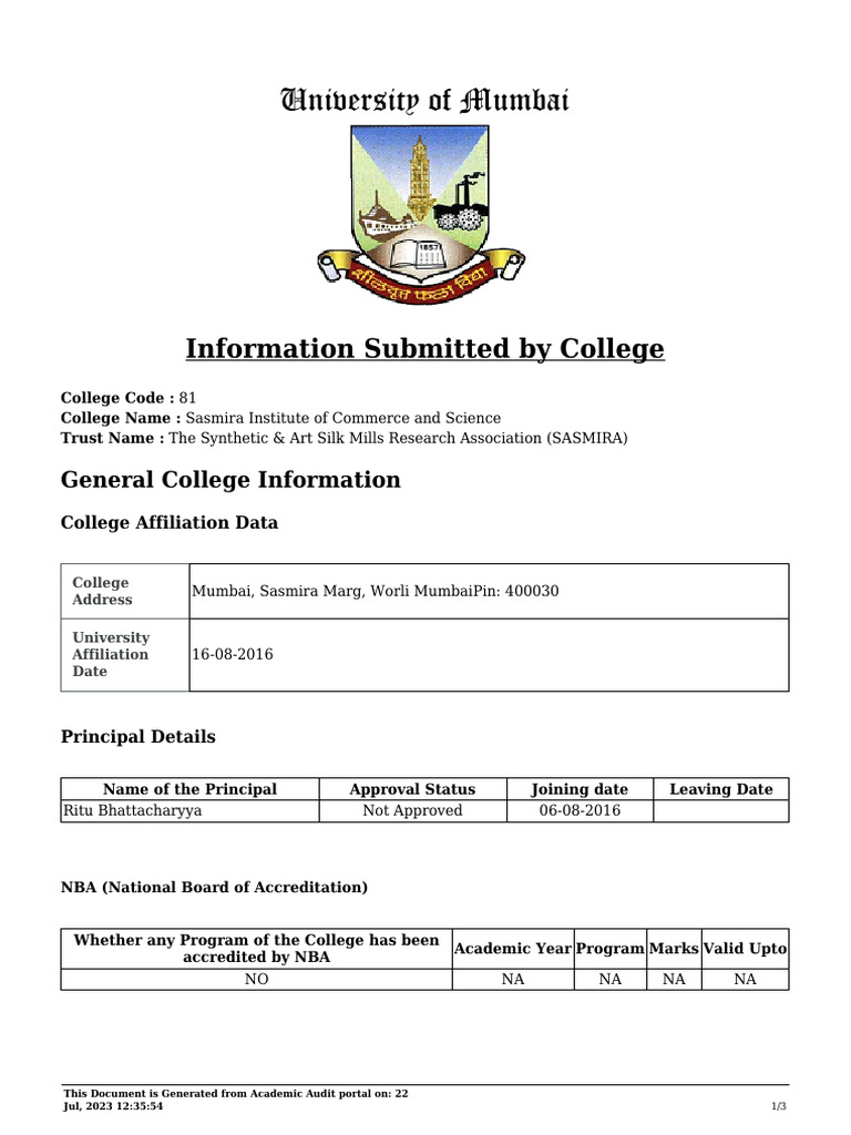 Sasmira Institute of Commerce and Science - General - Info | PDF ...