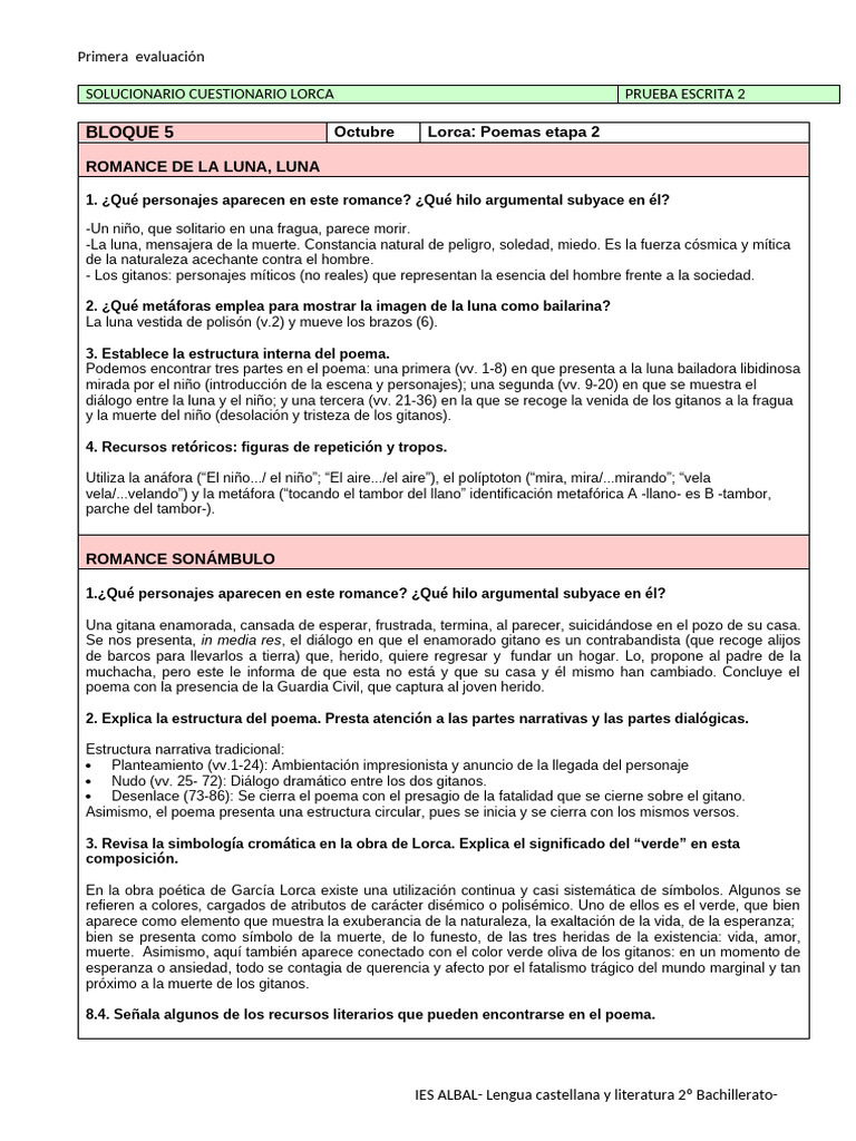 Solucionario Cuestiones 2 Etapa Poemas Lorca | PDF | Federico García Lorca