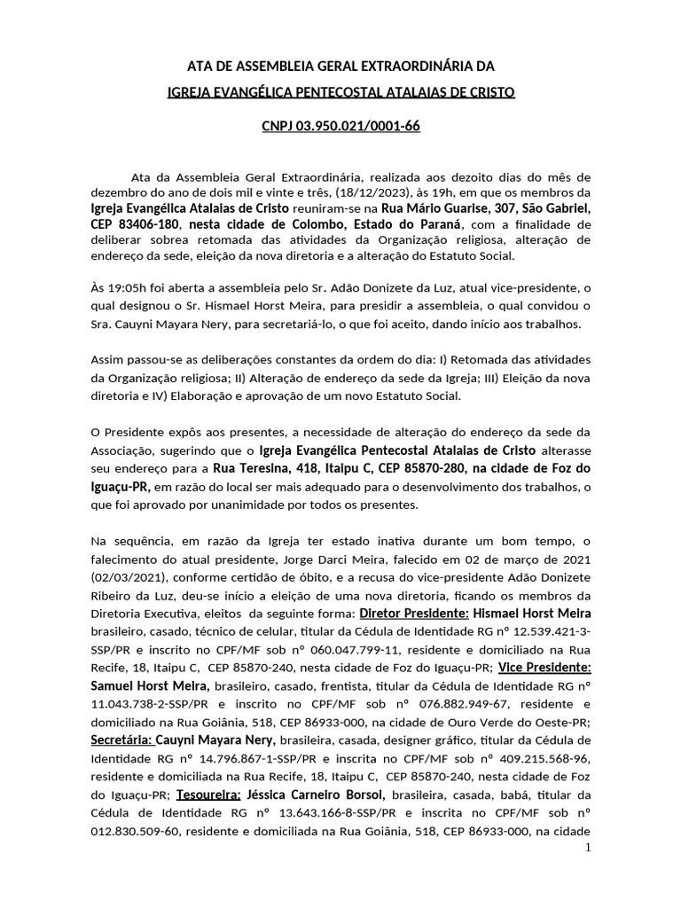 Ata Da Assembleia Geral Extraordinária | PDF
