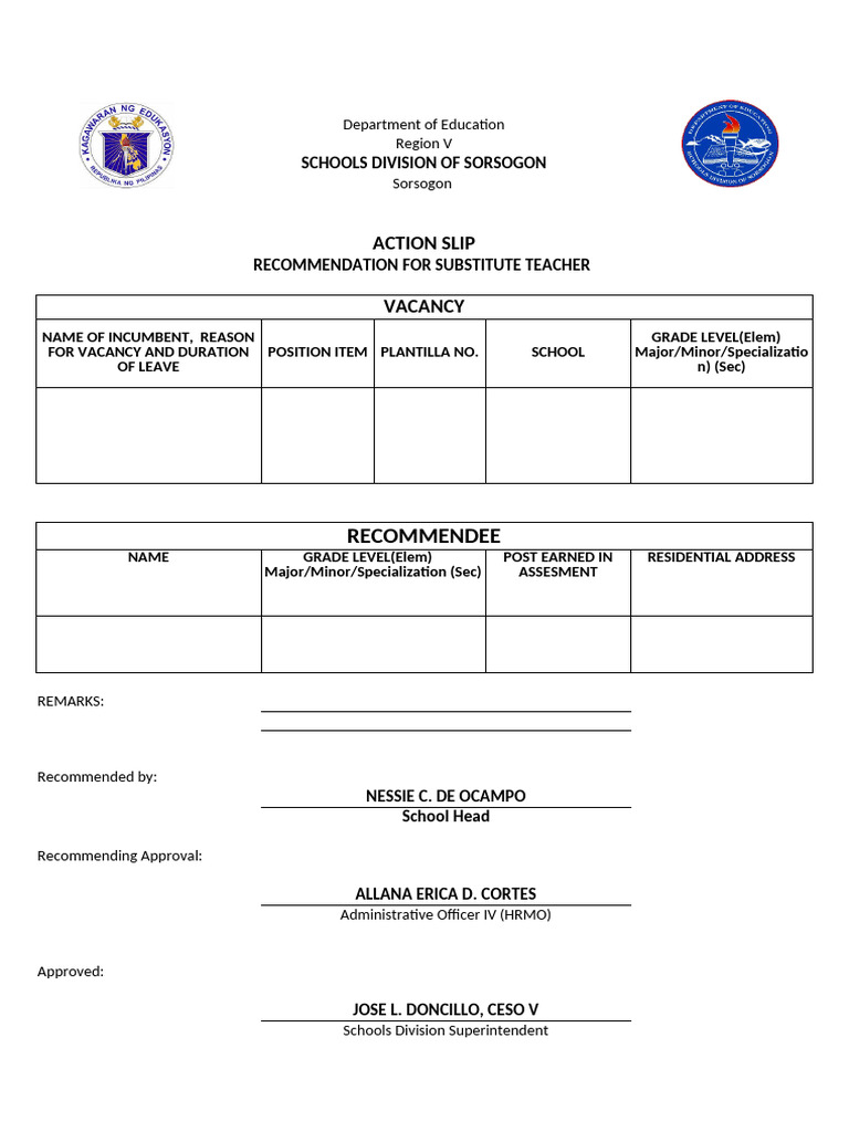Action Slip For Substitute | PDF
