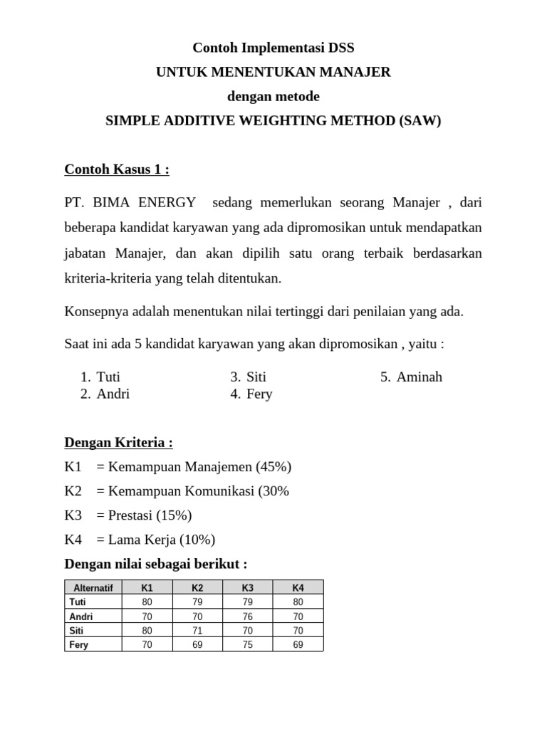 Implementasi SAW untuk Seleksi Manajer | PDF