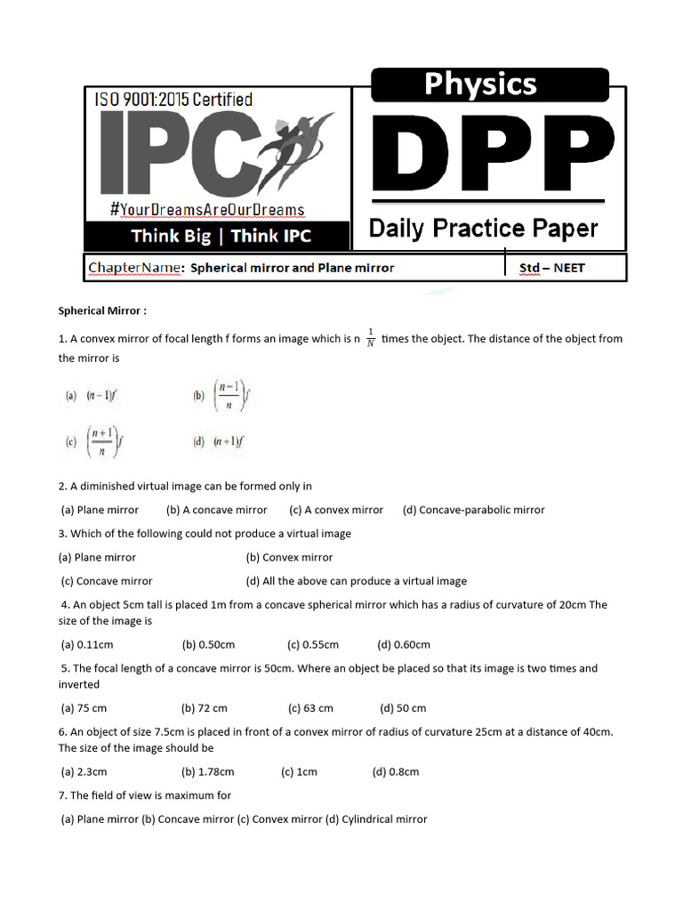 Physics Dpp ,Matlub Sir | PDF | Mirror | Glass Engineering And Science