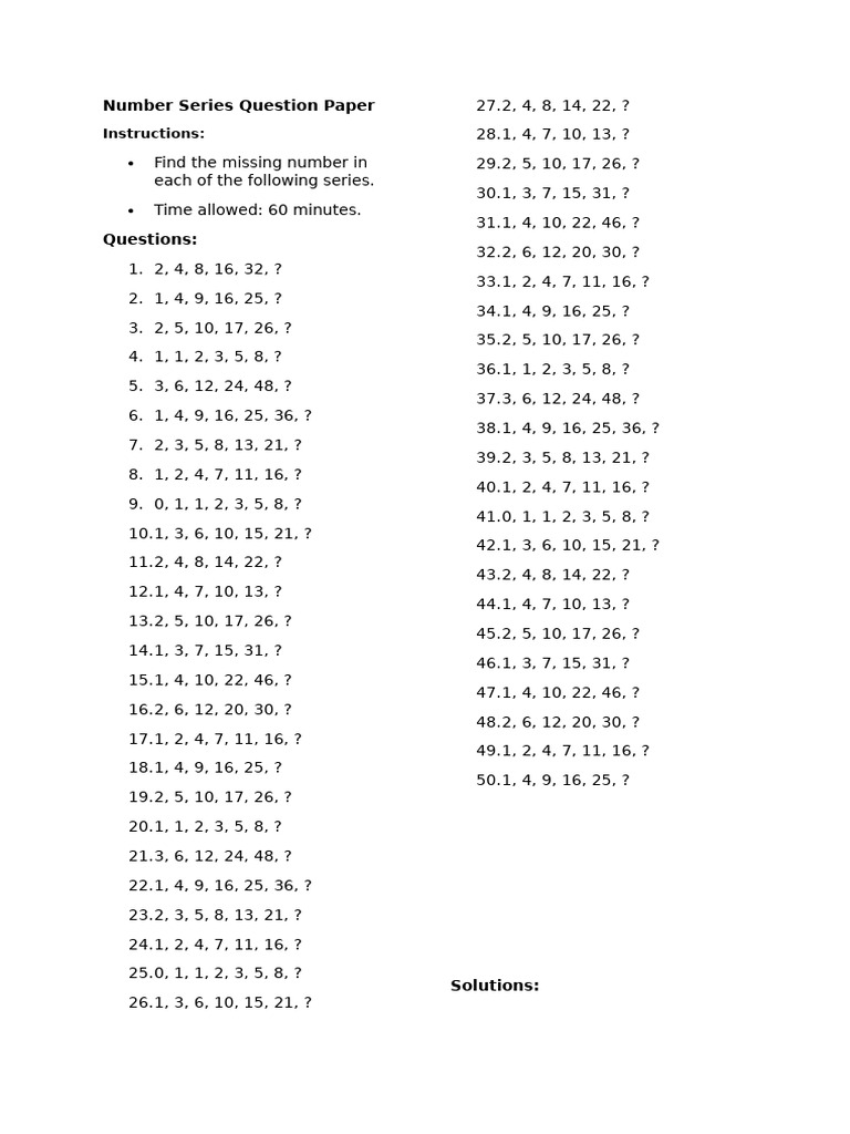 Number Series Question Paper1 With Solutions | PDF | Arithmetic ...