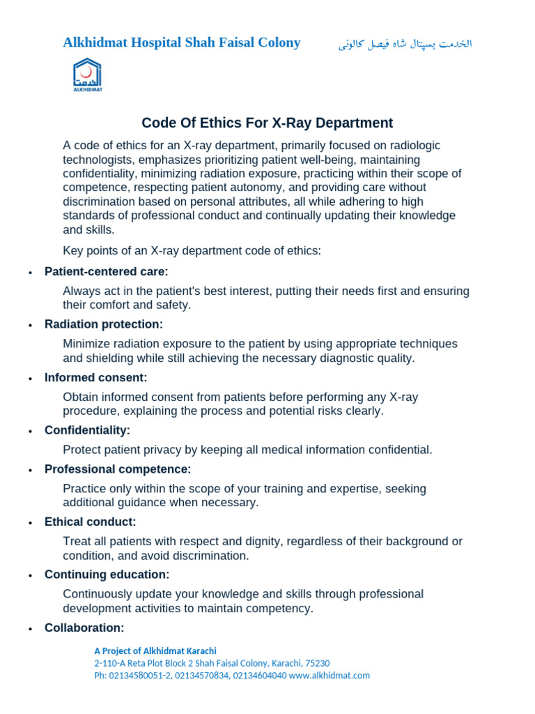 Code of Ethics For X-Ray Department | PDF | Radiology | Radiography
