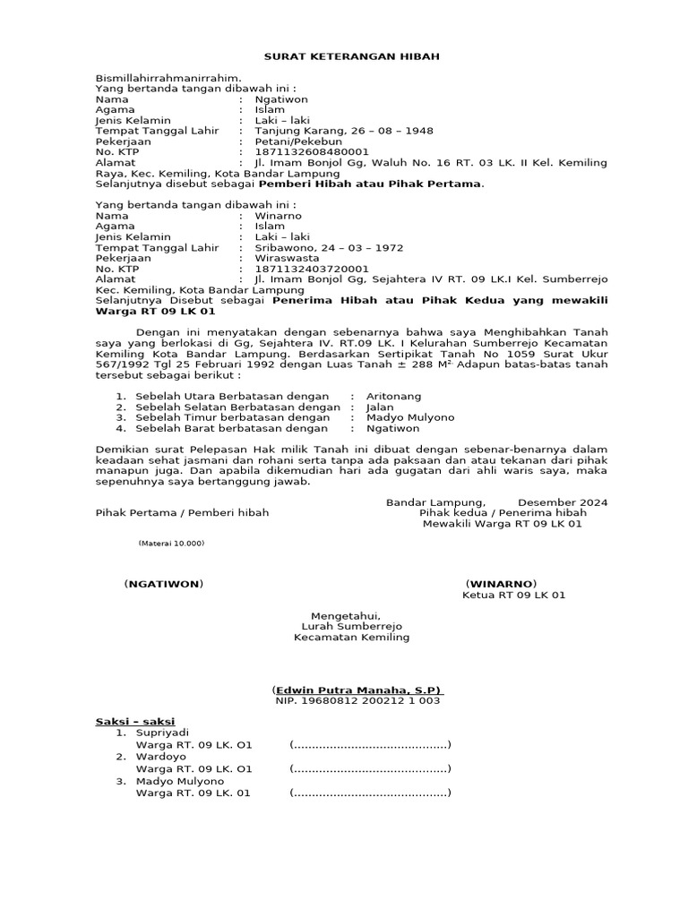 Surat Pernyataan Hibah New | PDF