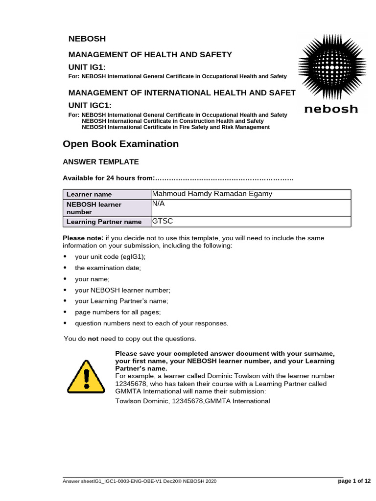 Ig1-Igc1-0003-Eng-Obe-Answer-Sheet-V1 Sample Plain | PDF | Occupational Safety And Health | Safety