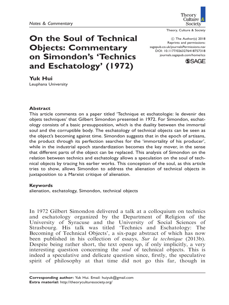 Yuk - Hui On The Soul of Technical Objects Comment | PDF | Soul | Marx's Theory Of Alienation