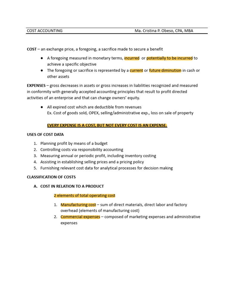 Cost Concepts and Classification | PDF | Cost | Expense