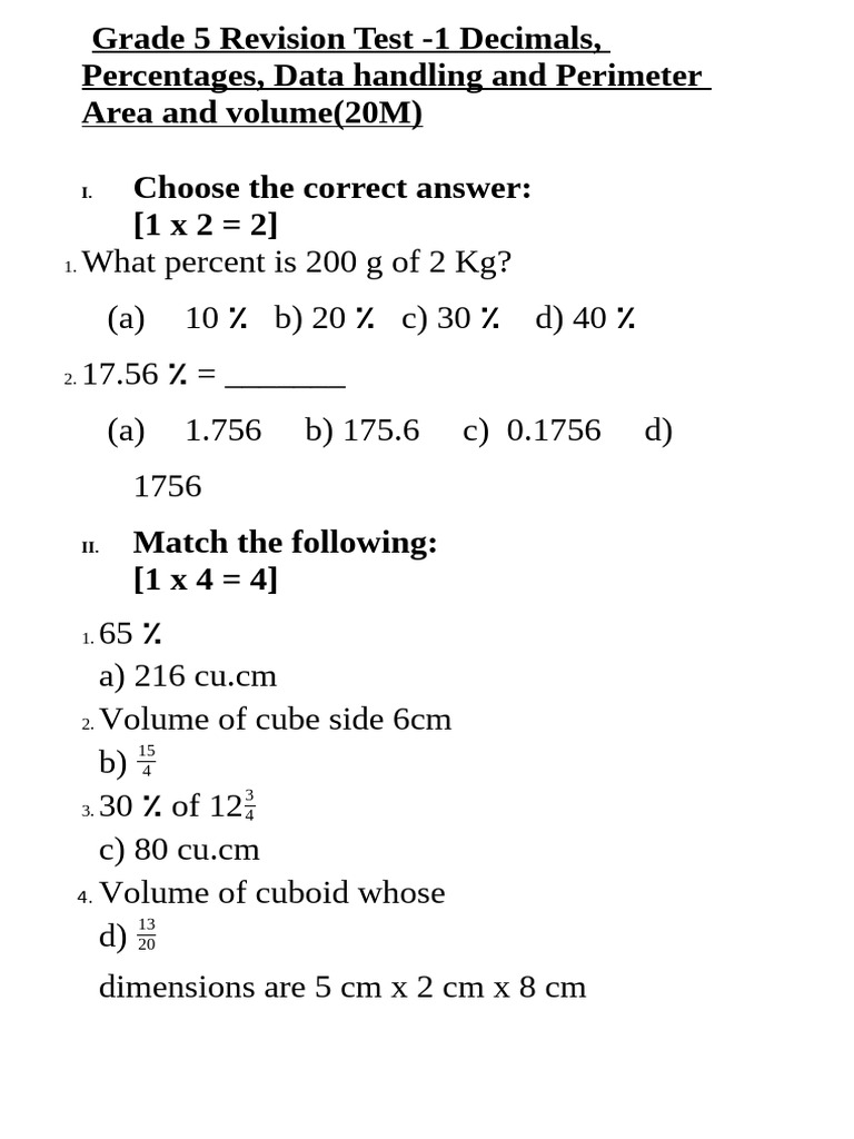 Grade 5 Math Revision Test: Decimals & Percentages | PDF