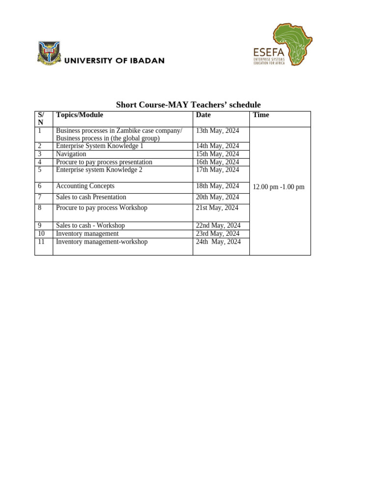 SAP Training Timetable MAY STD | PDF