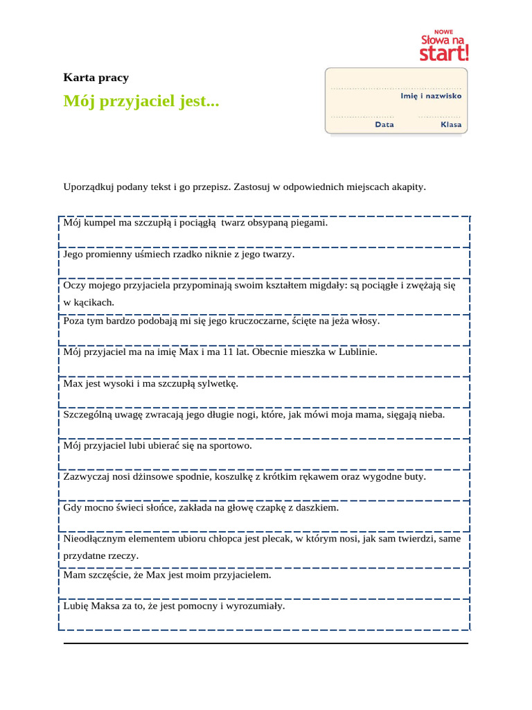 Rozdzial 1 Temat 2 Karta Pracy Moj Przyjaciel Jest 1 | PDF