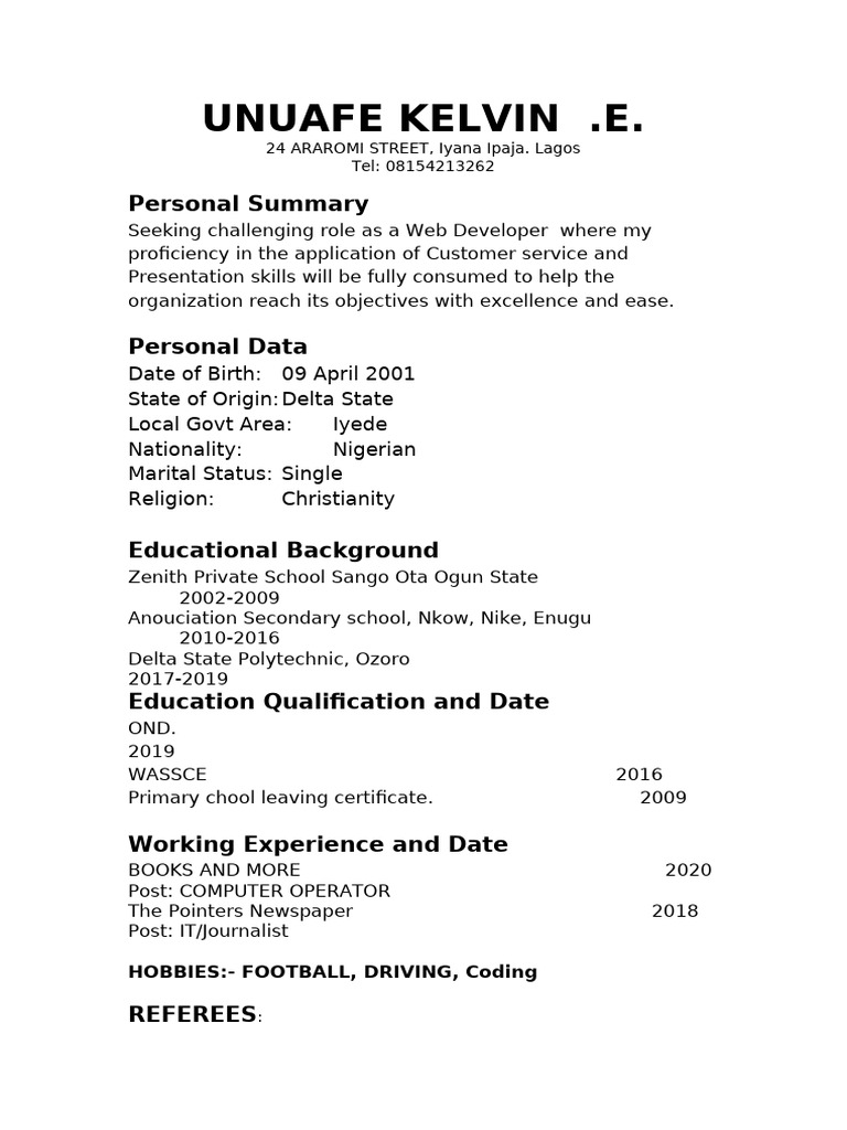 Web Developer Resume of UNUAFE KELVIN | PDF