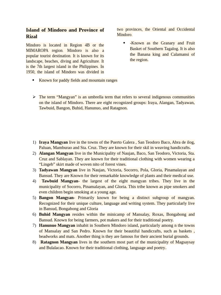 Mindoro and Rizal: Culture and Tourism Insights | PDF