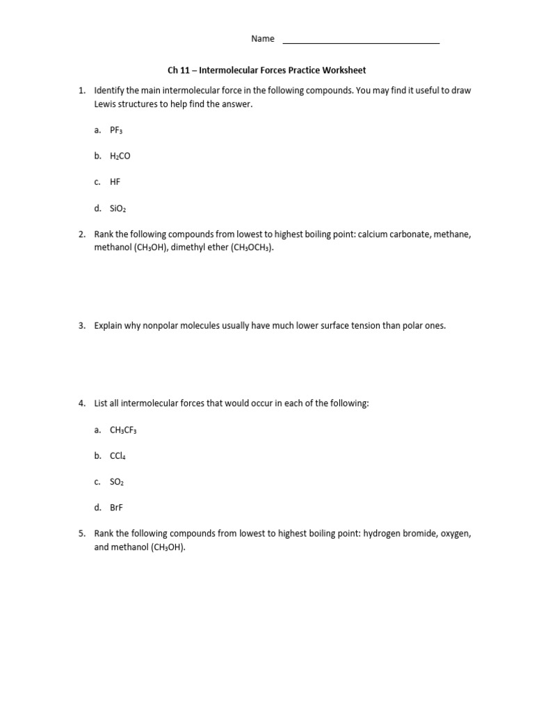 CH 11 Intermolecular Forces Practice Worksheet | PDF