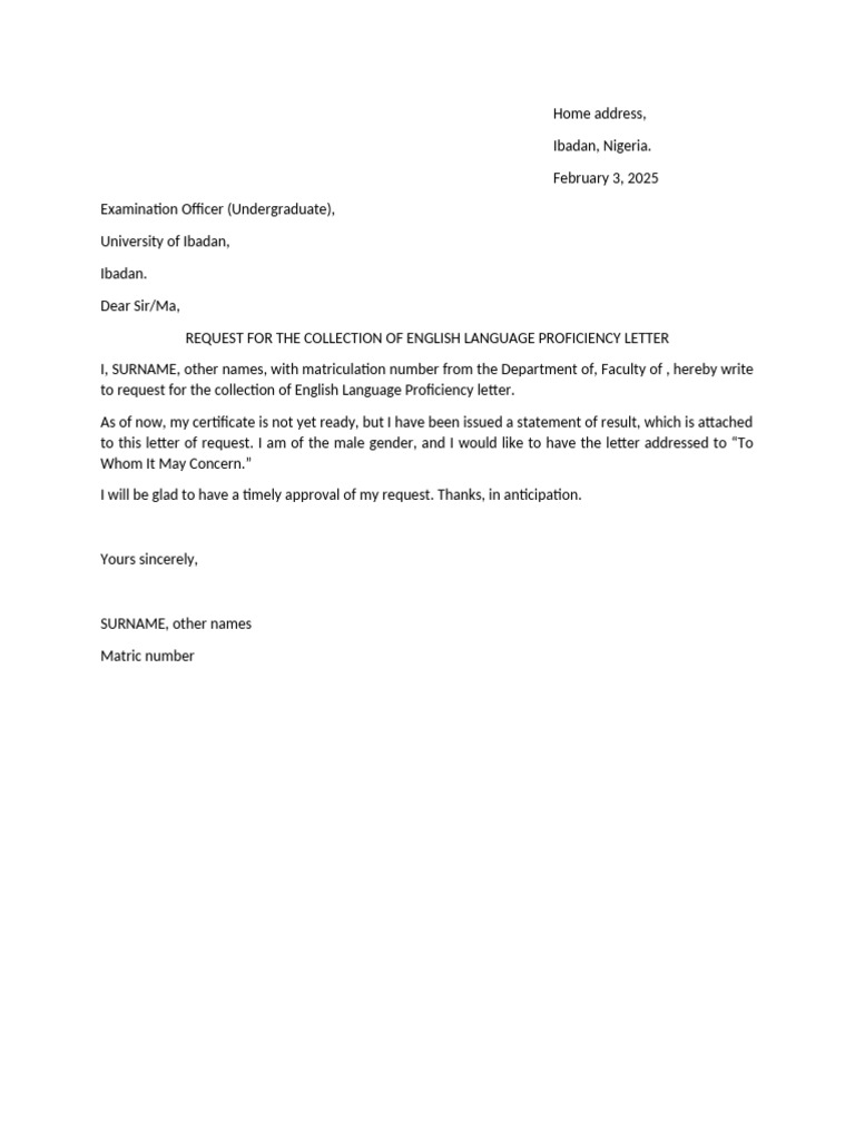 Request for English Proficiency Letter | PDF