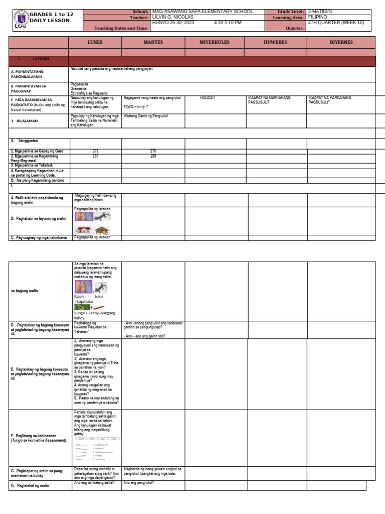 Dll Filipino 3 q4 Week 10 (1) | PDF