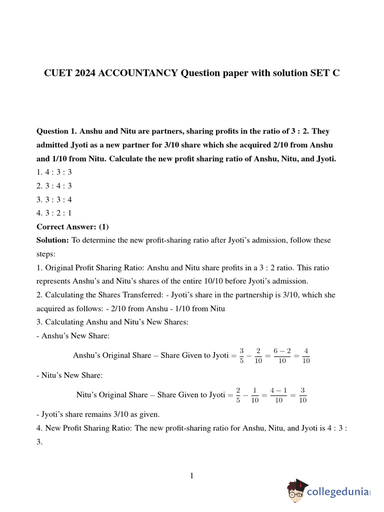 Watermarked CUET UG 2024 Accountancy Question Paper 301 E SET C | PDF ...