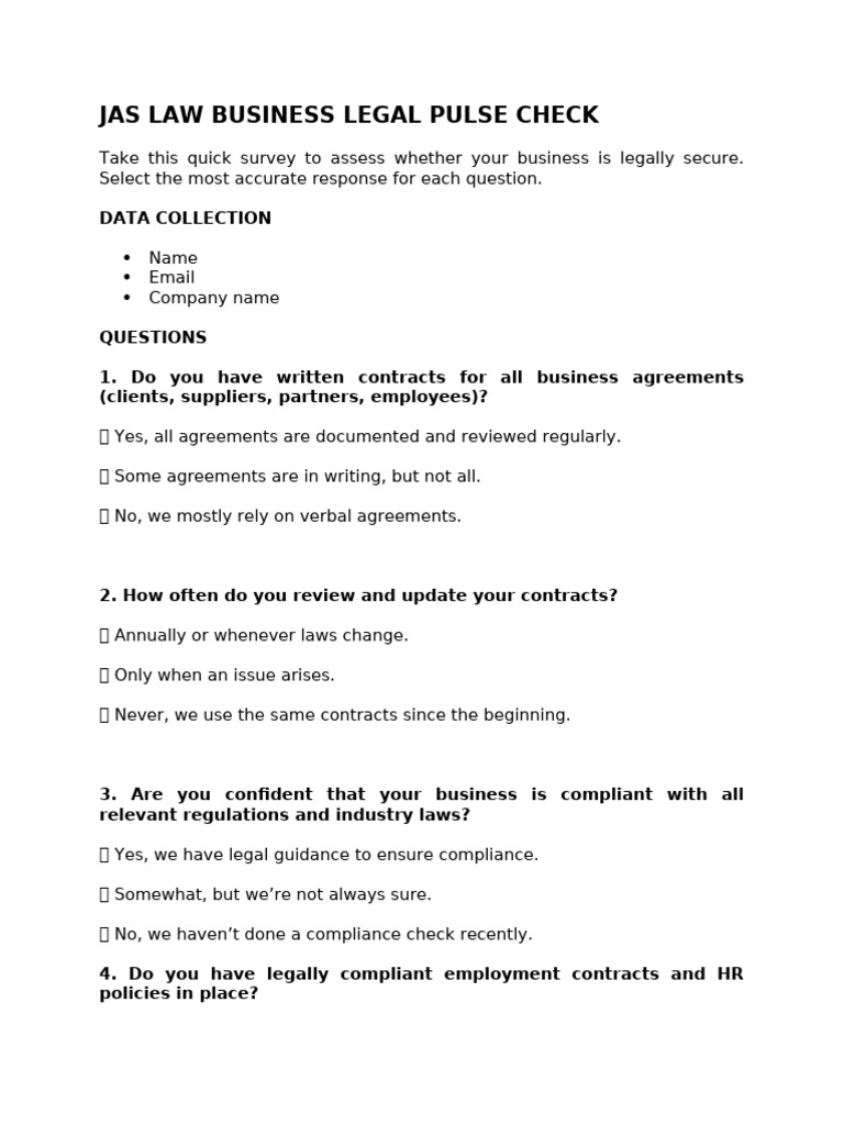 Jas Law Business Legal Pulse Check | PDF | Employment | Regulatory ...