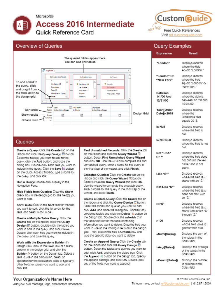 Access 2016 Intermediate Quick Reference | PDF | Databases | Microsoft Office