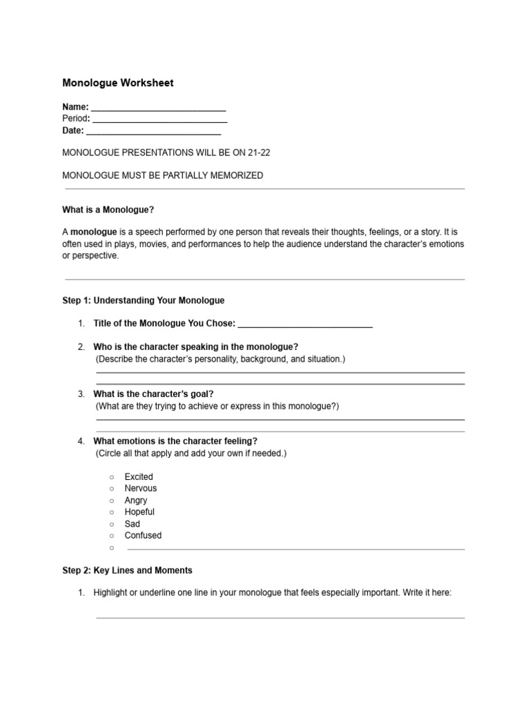 Monologue Worksheet | PDF | Feeling | Emotions