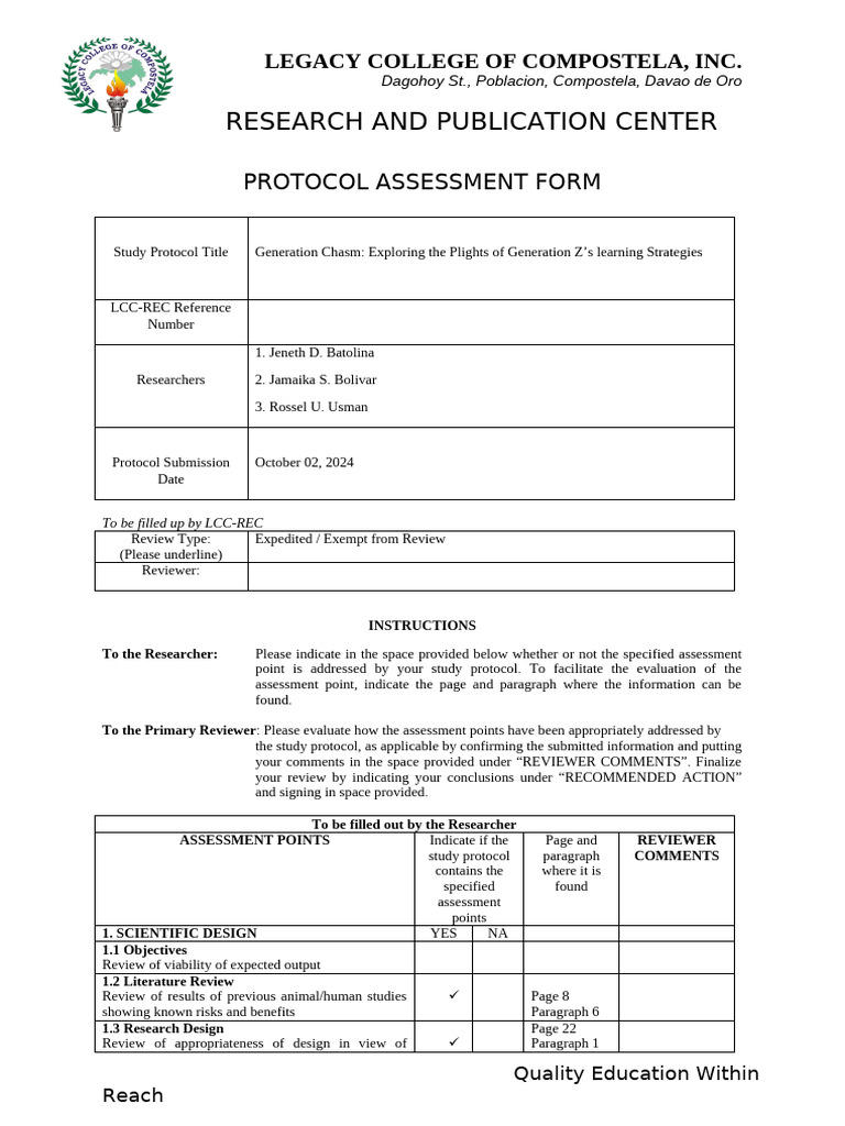 F2 Protocol Assessment Form | PDF | Sampling (Statistics) | Risk
