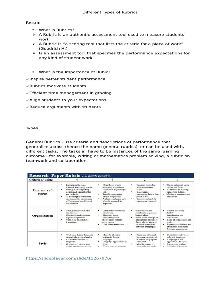 Different Types of Rubrics Handouts | PDF | Rubric (Academic) | Learning