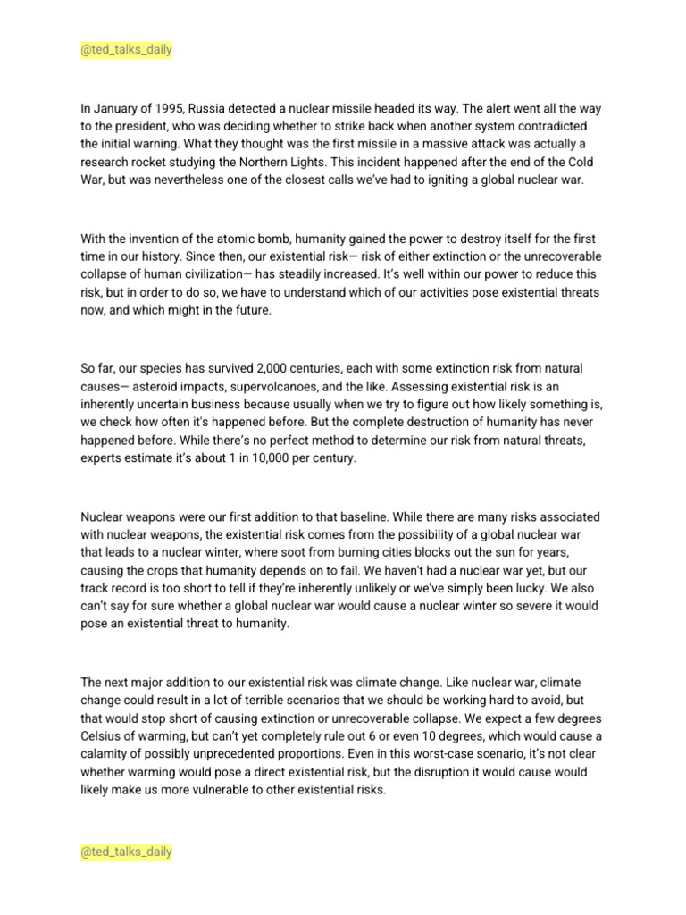 The 4 Greatest Threats To The Survival of Humanity Ted Talks Daily | PDF