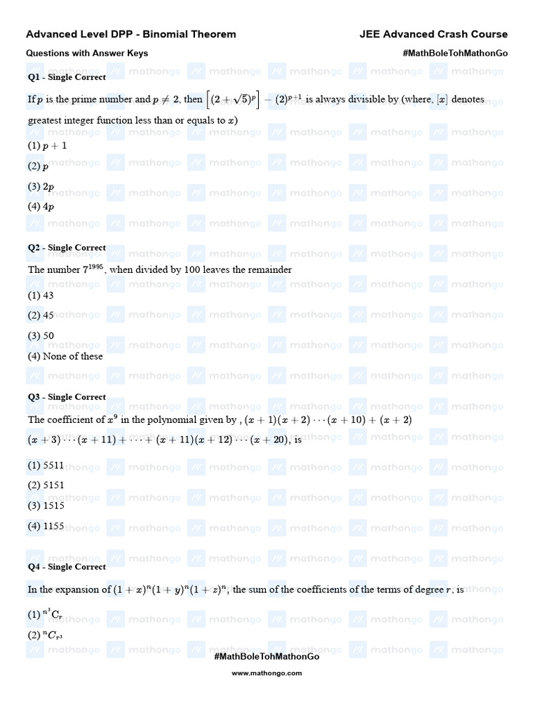 Advanced Level DPP Binomial Theorem Question Mathongo | PDF | Mathematical Analysis | Discrete ...
