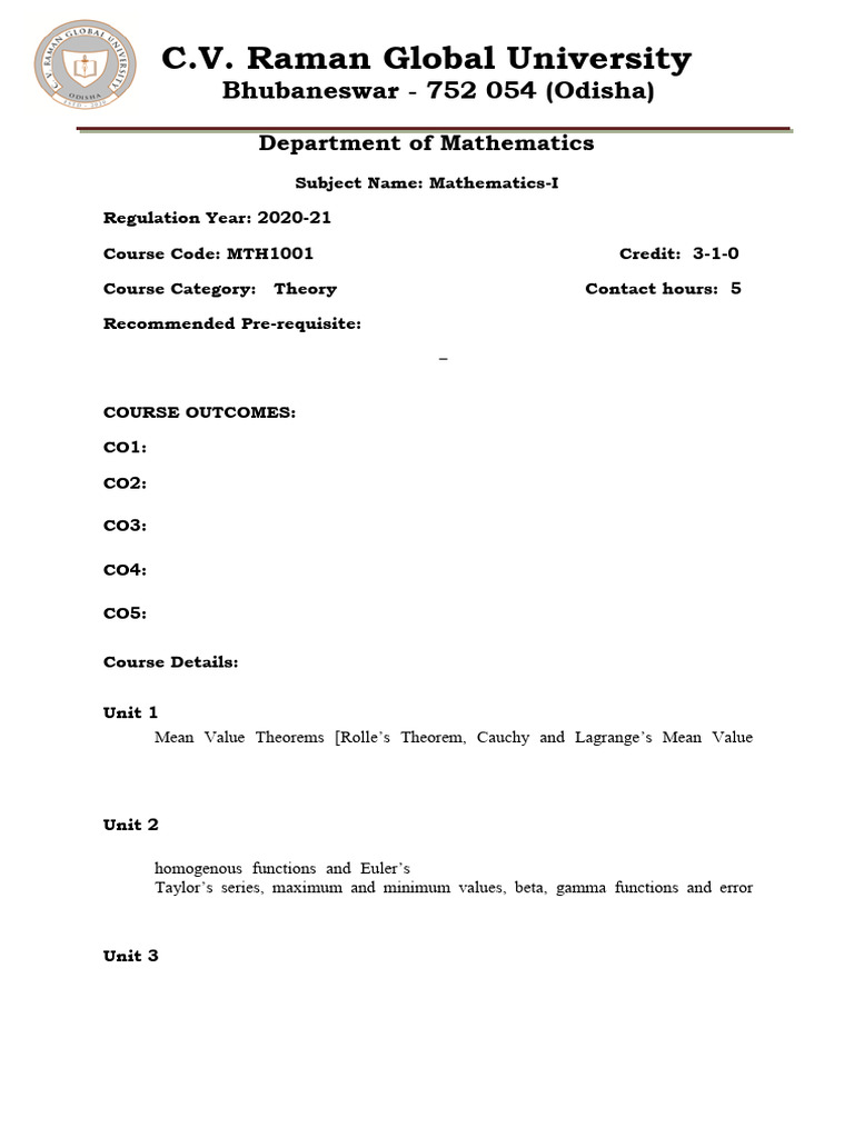 Mathematics-I _Syllabus | PDF | Function (Mathematics) | Derivative