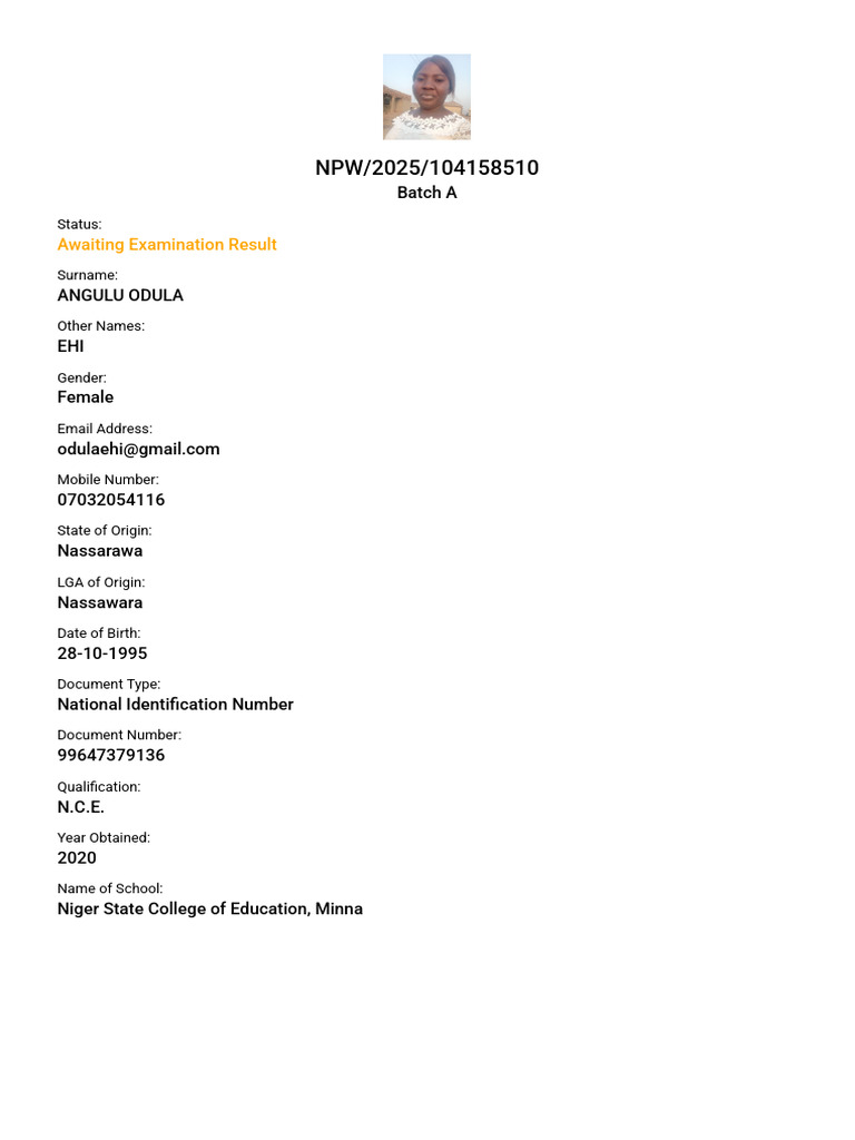 Angulu Odula's ID Application Status | PDF