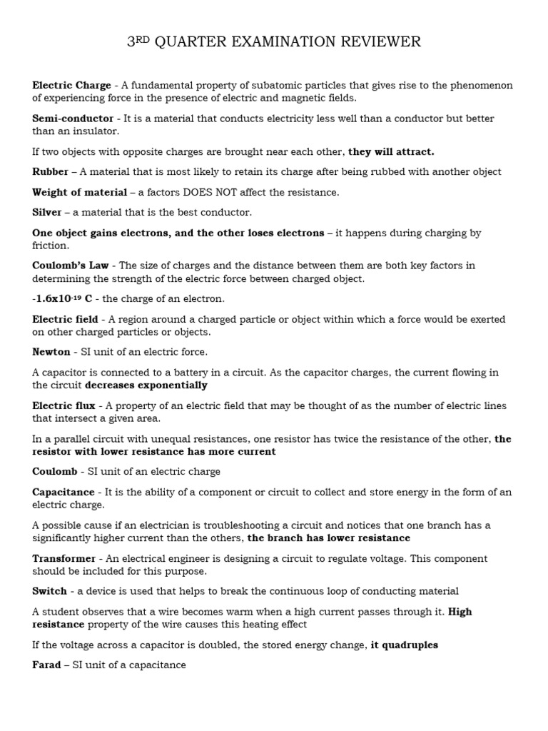 3RD QUARTER EXAMINATION REVIEWER | PDF | Capacitor | Capacitance