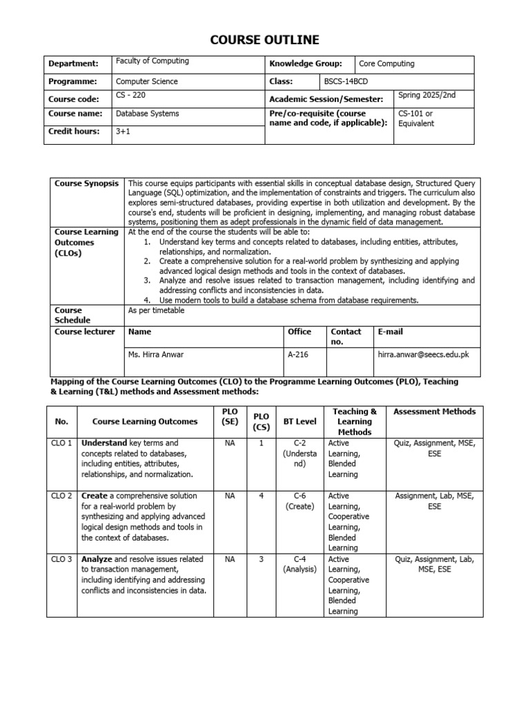 CS 220 - Database Systems - Course Ouline_Hirra Anwar_signed | PDF | Databases | Relational Model