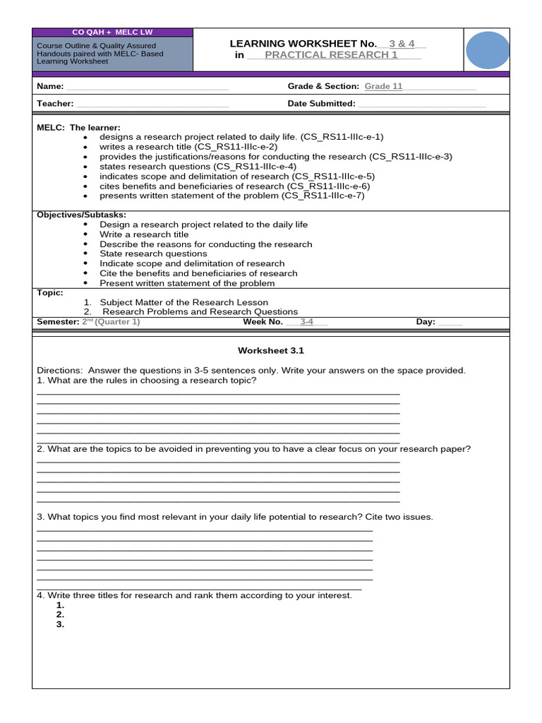 PR 1 Module 3 Week 3 Week 4 Worksheet | PDF | Question | Cognitive Science