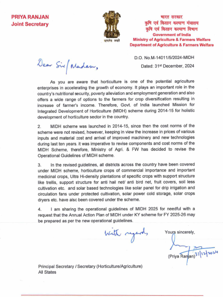 MIDH Guidelines DO Letter | PDF | Organic Farming | Horticulture