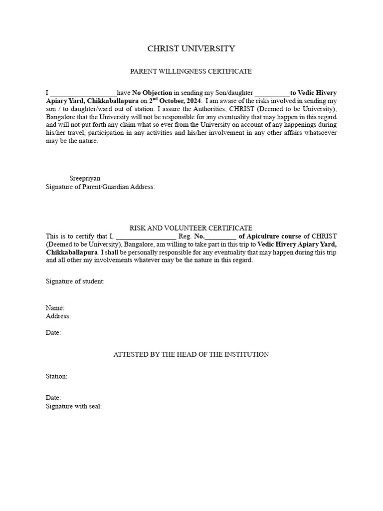 Apiculture Parent Consent Form | PDF