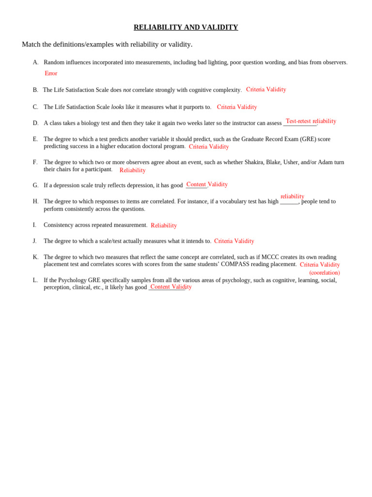 3 Reliability and Validity Worksheet Answers - Annotated | PDF ...